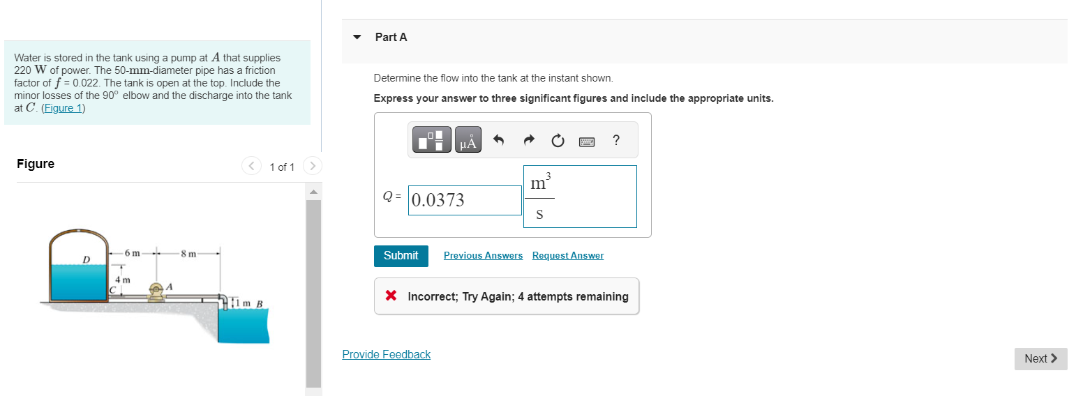 Solved Water is stored in the tank using a pump at A that | Chegg.com