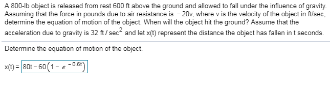 Solved A 800-lb object is released from rest 600 ft above | Chegg.com