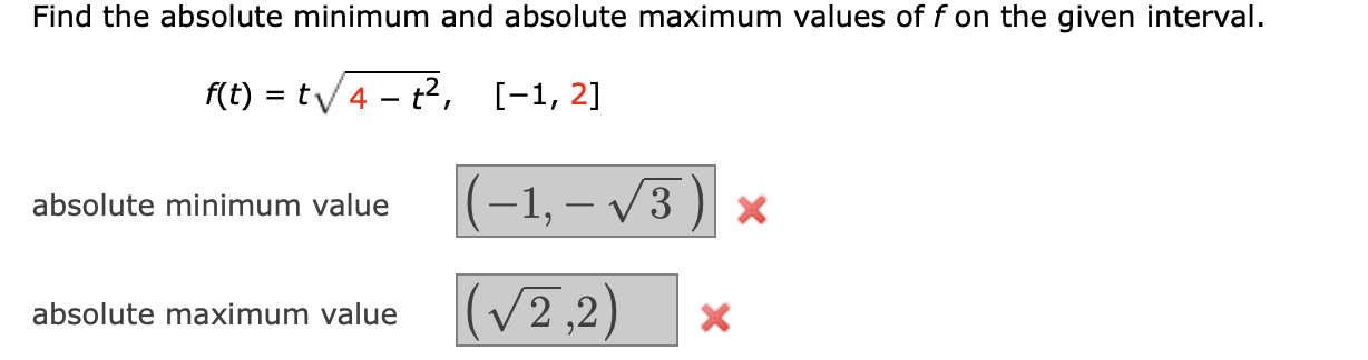 Solved Find the absolute minimum and absolute maximum values | Chegg.com