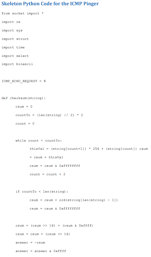 Solved Lab 4: ICMP Pinger Lab In this lab, you will gain a | Chegg.com