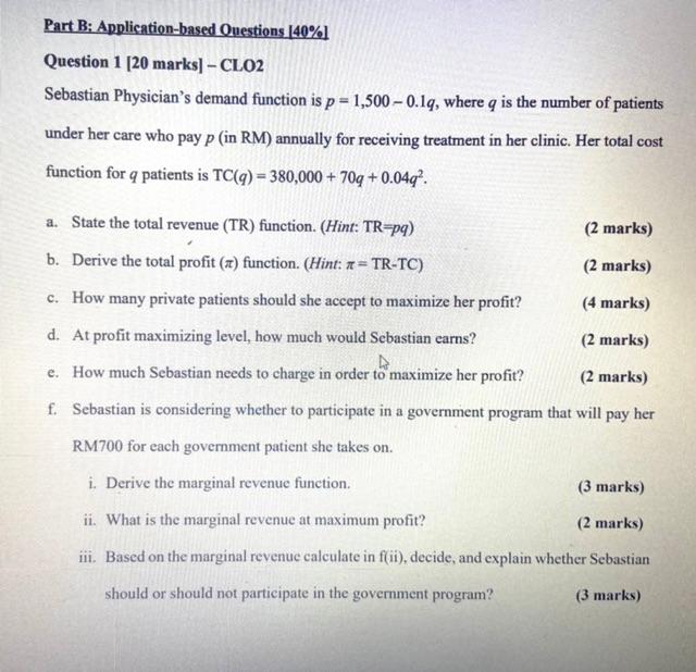 Solved Question 1 20 Marks Clo2 Sebastian Physicians 