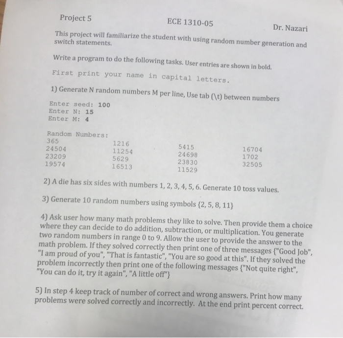 Solved Project 5 ECE 1310-05 Dr. Nazari This project will | Chegg.com