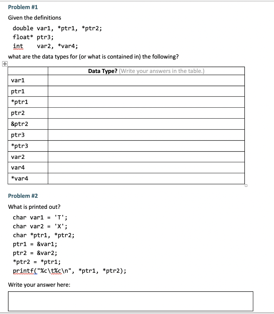 Solved Problem #1 Given the definitions double var1, *ptr1, | Chegg.com