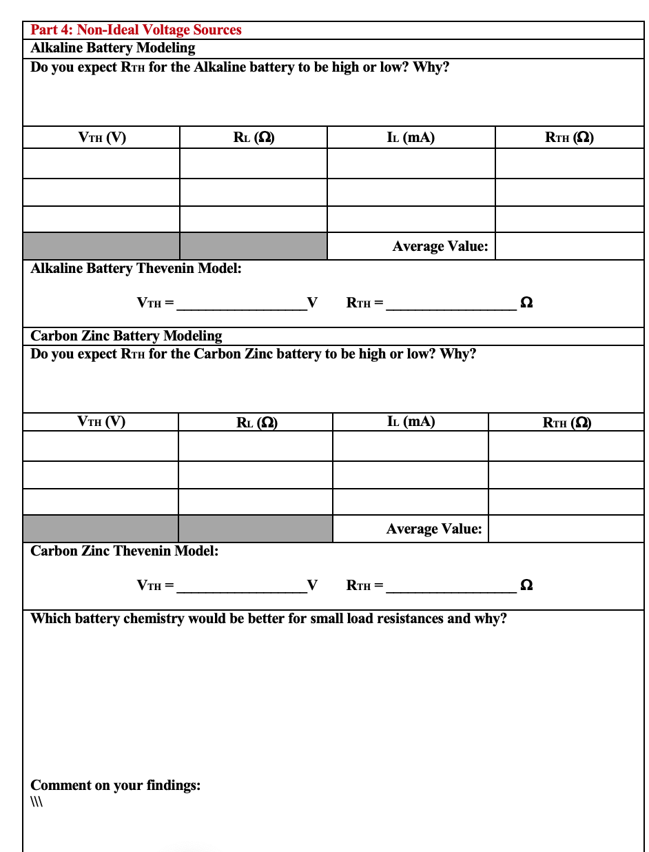 Alkaline Battery Thevenin Model: VTH= VRTH= Carbon | Chegg.com