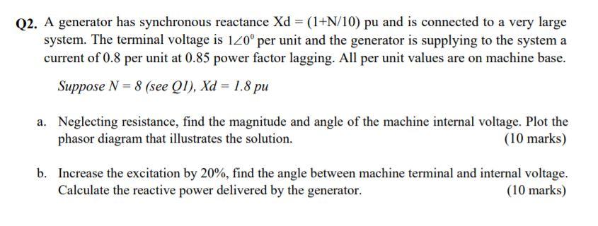 Solved Q2. A generator has synchronous reactance Xd = | Chegg.com