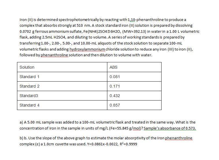 Solved Iron (II) is determined spectrophotometrically by | Chegg.com