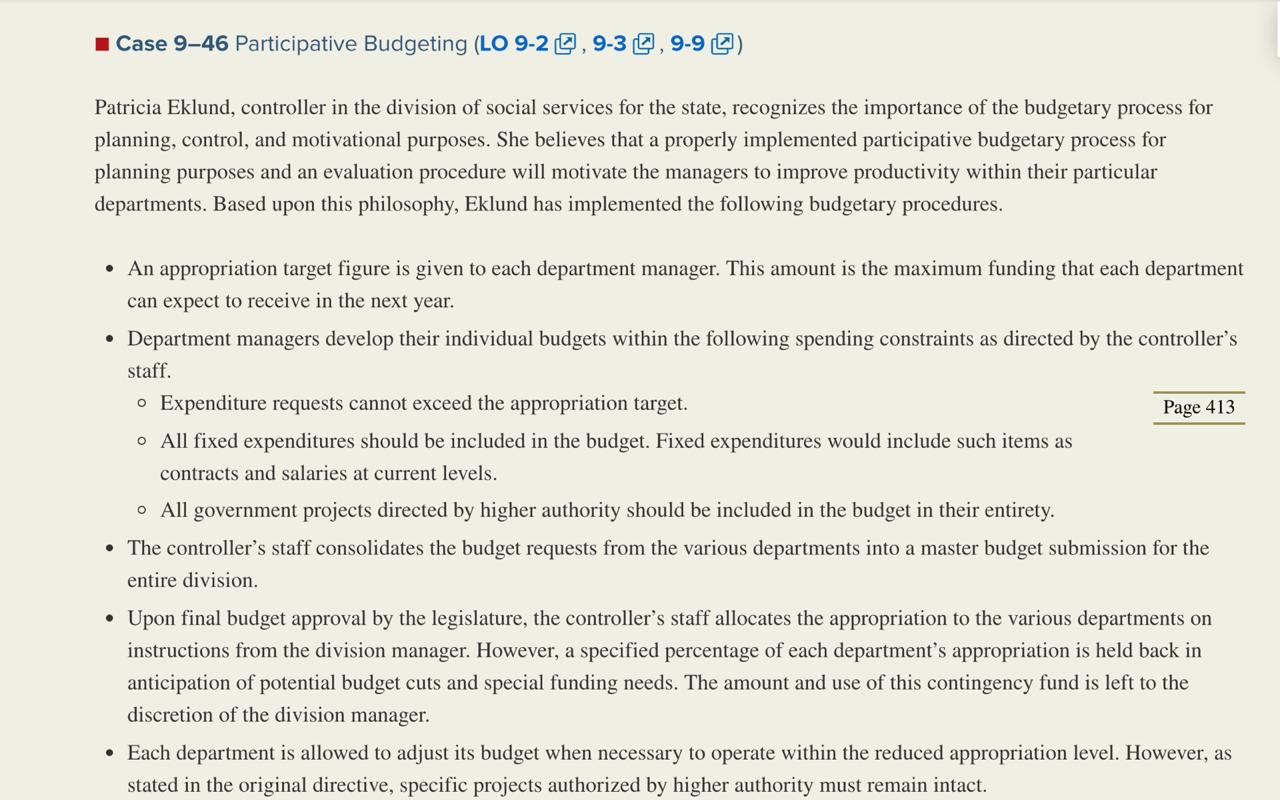 Solved Case 9-46 Participative Budgeting (LO 9-20, 9-3Q, | Chegg.com