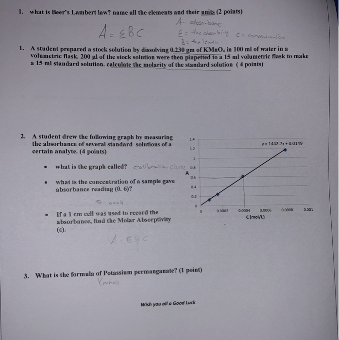 Solved 1. what is Beer's Lambert law? name all the elements | Chegg.com