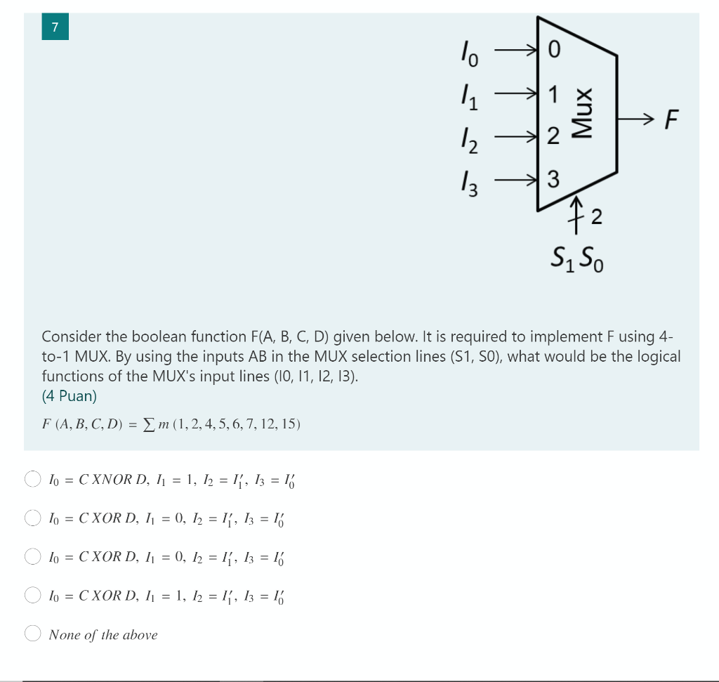 Solved 7 O 10 4 I } Mux F 3 72 SĄ So Consider the boolean | Chegg.com