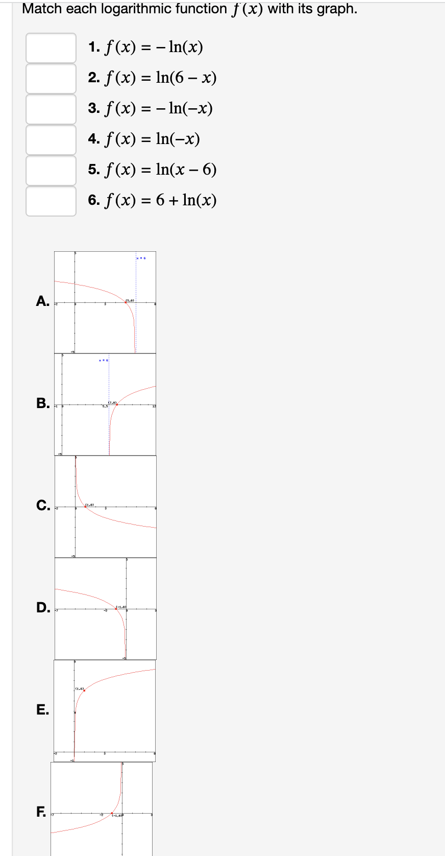 Solved Match each logarithmic function f(x) with its graph. | Chegg.com