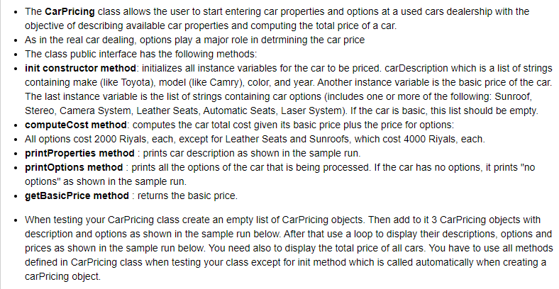 Solved • The CarPricing class allows the user to start | Chegg.com