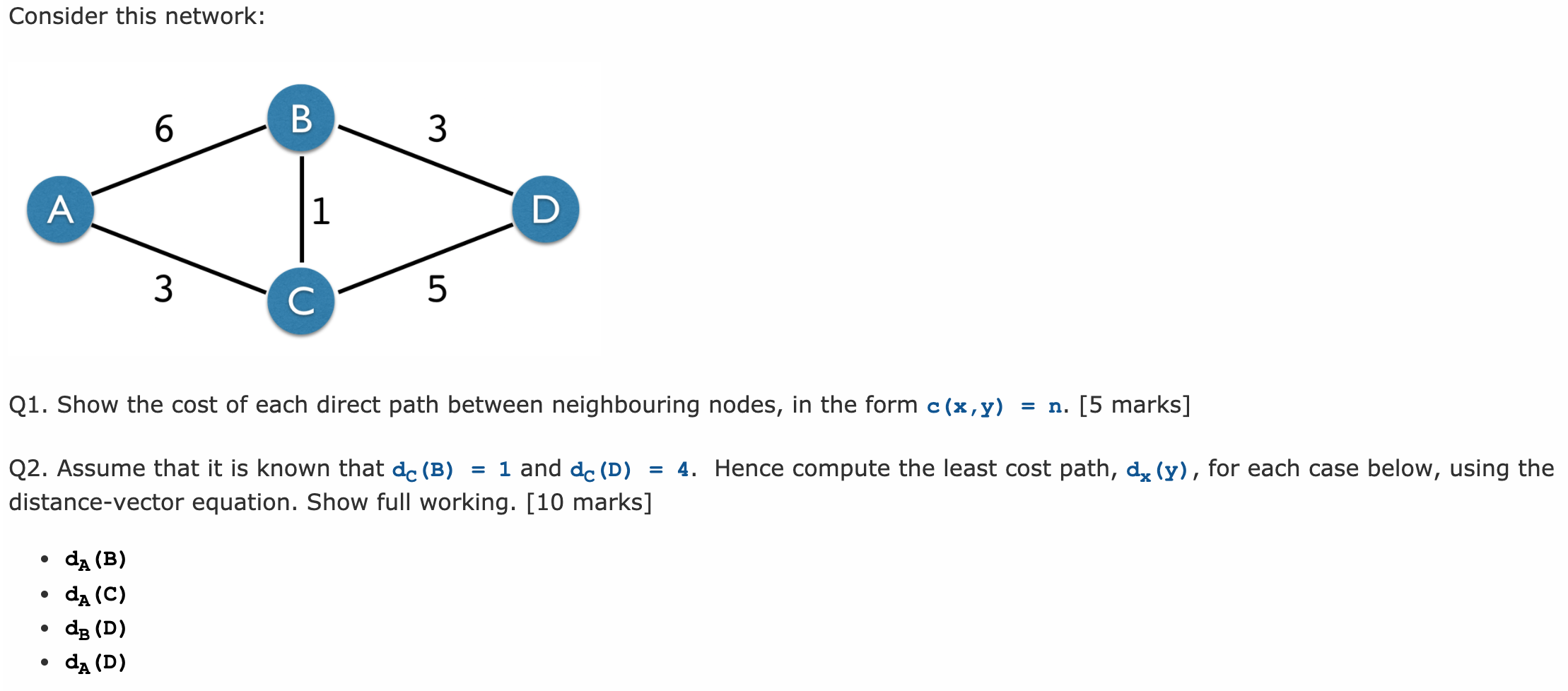 Solved Consider this network: 6 B 3 A 1 D 3 C С 5 Q1. Show | Chegg.com