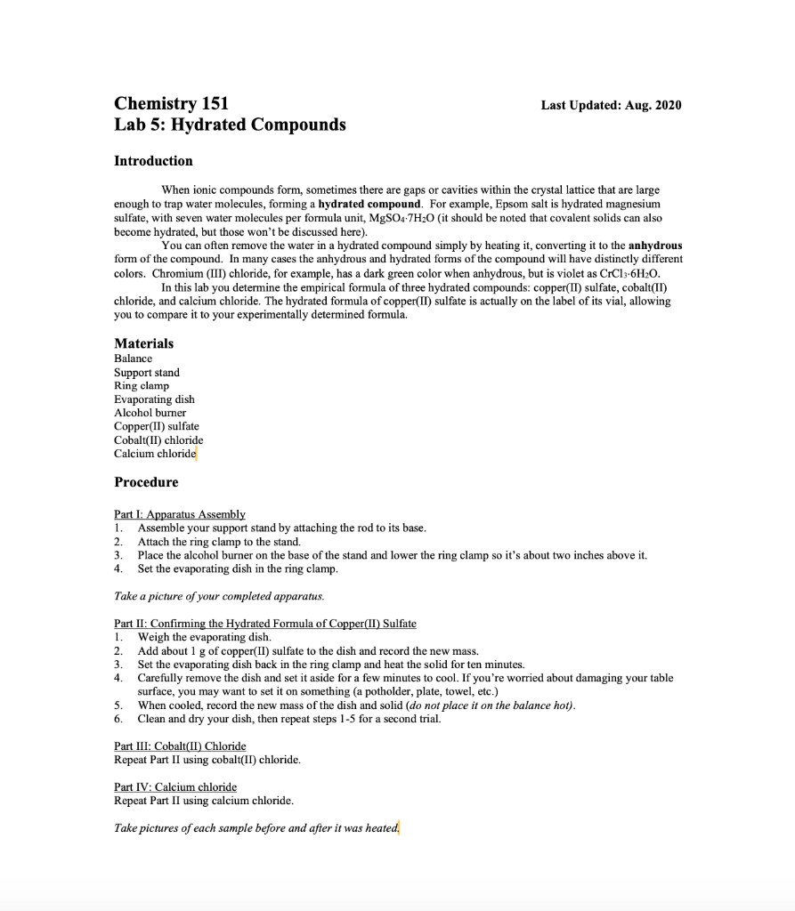 Last Updated: Aug. 2020 Chemistry 151 Lab 5: Hydrated | Chegg.com