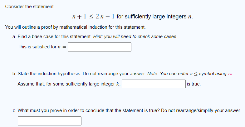 Solved Consider the statement \\( n+1 \\leq 2 n-1 \\) for | Chegg.com