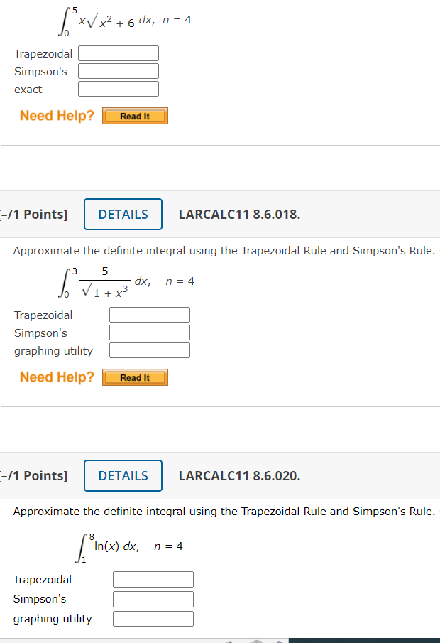 Solved ∫05xx2+6dx,n=4 Trapezoidal Simpson's exact −/1 | Chegg.com