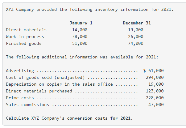 Solved XYZ Company provided the following inventory | Chegg.com