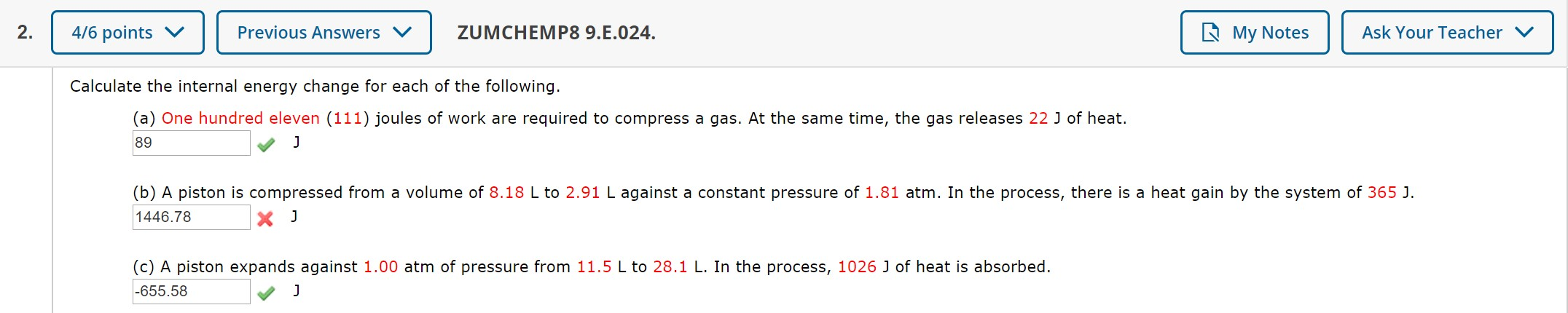 Solved 2. 46 points v Previous Answers v ZUMCHEMP8 9.E.024. | Chegg.com