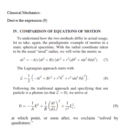 Solved Classical Mechanics: Derive the expression (9) IV. | Chegg.com