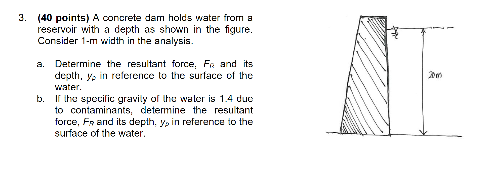 [Solved]: 3. (40 points) A concrete dam holds water from a