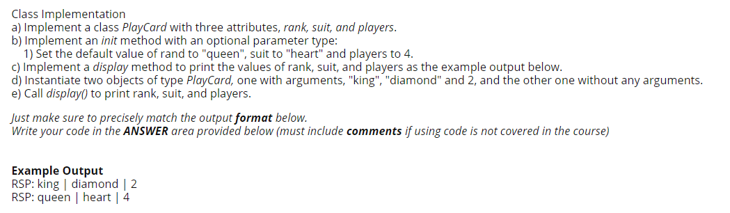 Solved Class Implementation a) Implement a class PlayCard | Chegg.com