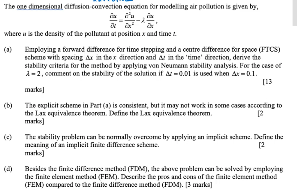 The one dimensional diffusion-convection equation for | Chegg.com