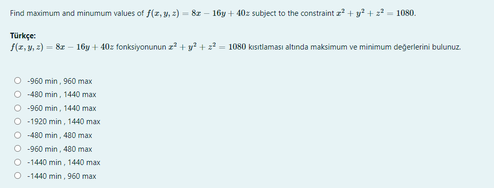 Solved Find maximum and minumum values of f(x, y, z) = 8x – | Chegg.com