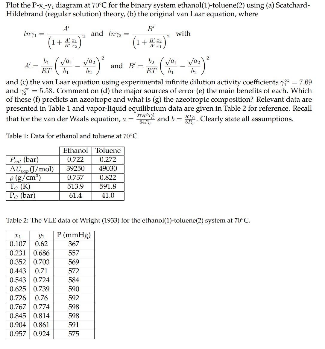 Solved Plot the P−x1−y1 diagram at 70∘C for the binary | Chegg.com