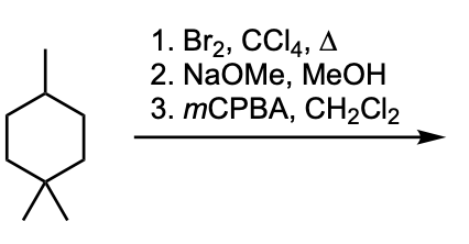 Solved 1. Br2, CC14, A 2. NaoMe, MeOH 3. mCPBA, CH2Cl2 | Chegg.com