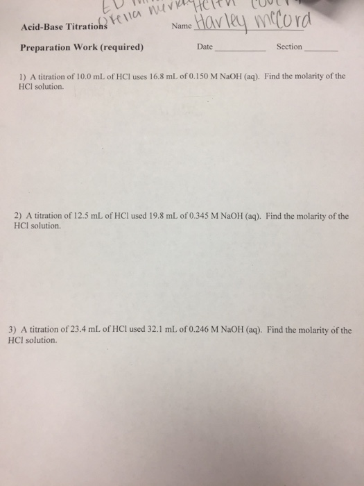 Solved A titration of 10.0 mL of HCl uses 16.8 mL of 0.150 M | Chegg.com