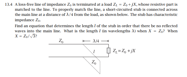 Solved 13.4 ﻿A loss-free line of impedance Z0 ﻿is terminated | Chegg.com