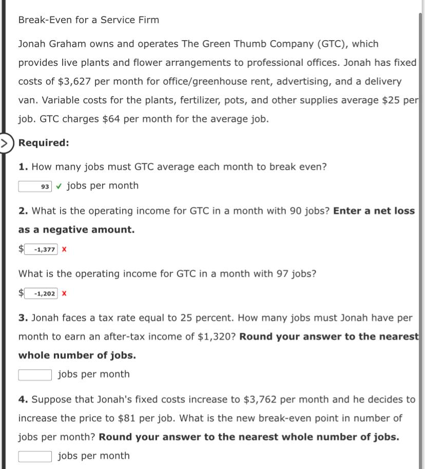 Solved Break-Even for a Service Firm Jonah Graham owns and | Chegg.com