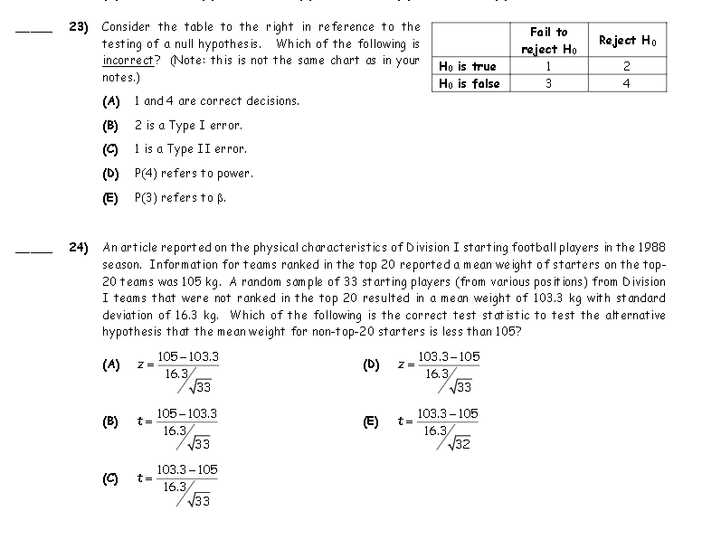 Solved Reject Ho Fail to reject Ho 1 3 2 4 23) Consider the | Chegg.com