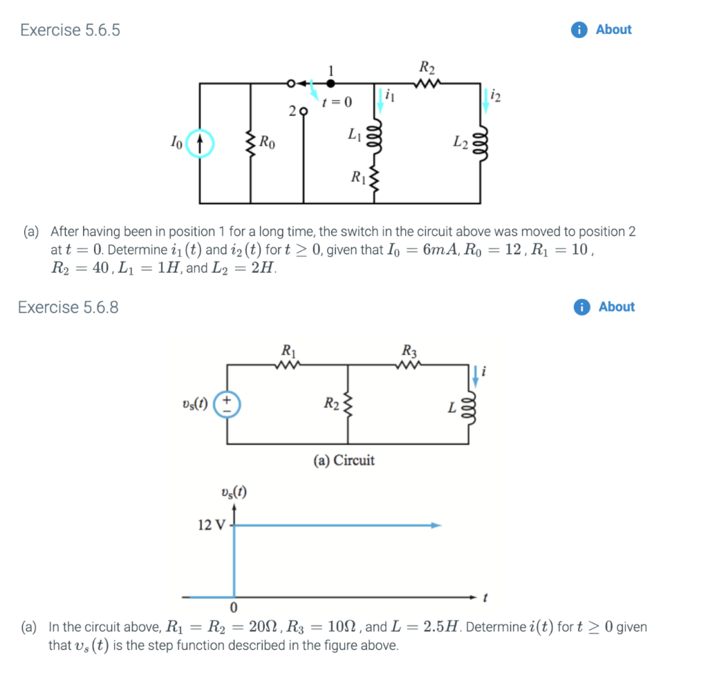 Solved Exercise 5.6.5 A About R2 t = 0 11 i2 29 RO L 1. 1 L2 | Chegg.com