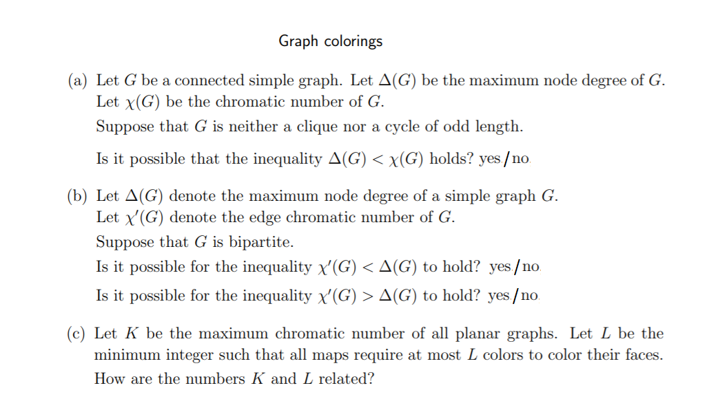 Graph colorings Let x(G) be the chromatic number of | Chegg.com