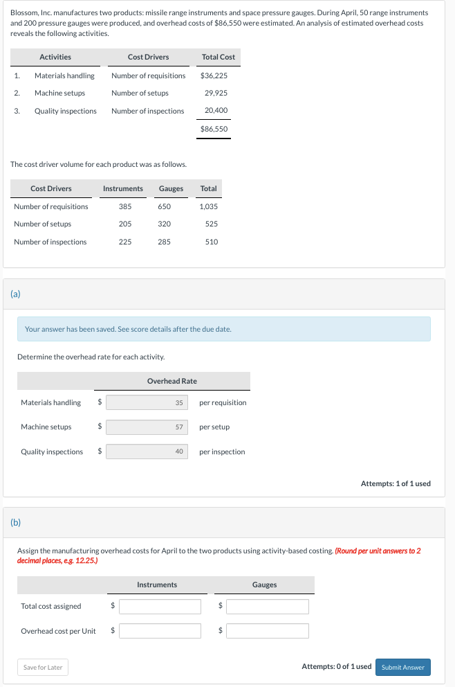 Solved Blossom, Inc. manufactures two products: missile | Chegg.com