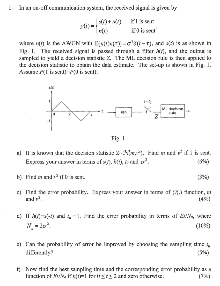 1. In an on-off communication system, the received | Chegg.com