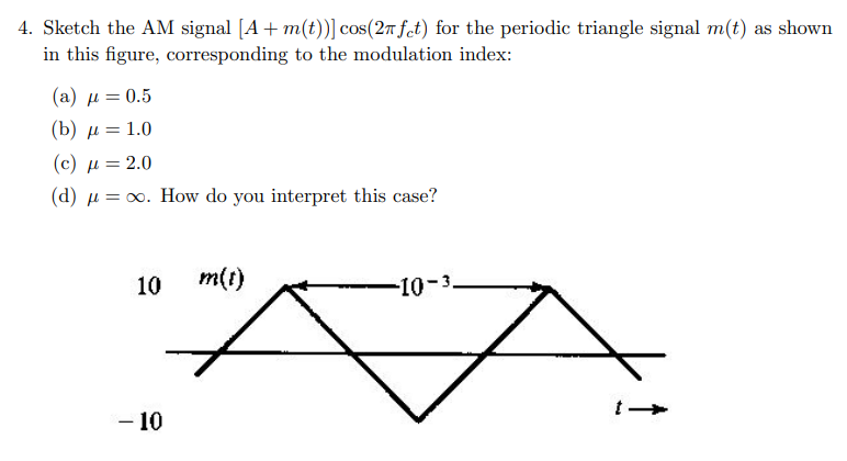 Solved 4. Sketch the AM signal [A + m(t))] cos(2 fet) for | Chegg.com