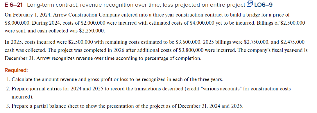 Solved E 6-21 Long-term contract; revenue recognition over | Chegg.com
