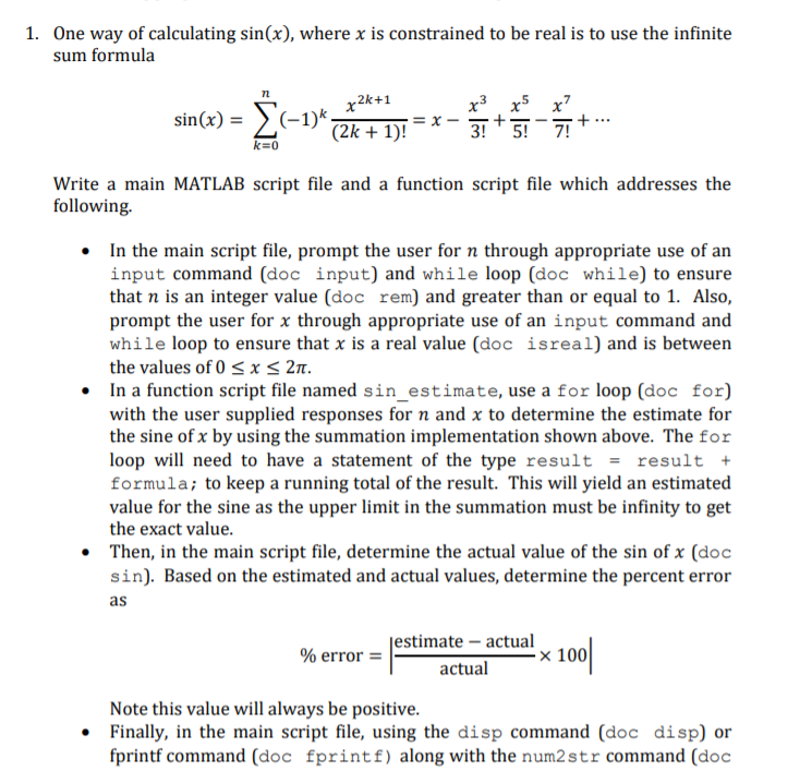Solved 1. One way of calculating sin(x), where x is | Chegg.com