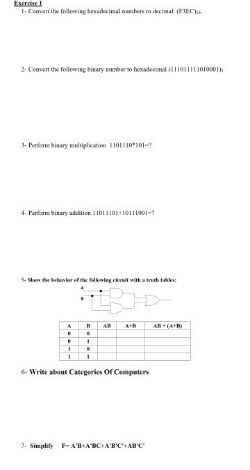 Solved Exercise 1 1- Convert the following hexadecimal | Chegg.com