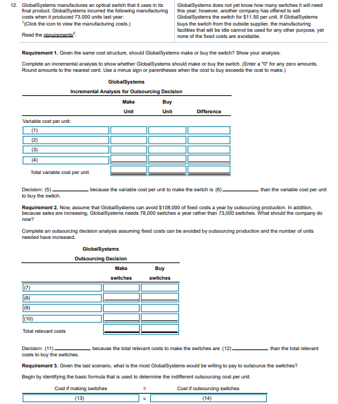 Solved 12. GiobalSystems manufactures an optical saitch that | Chegg.com