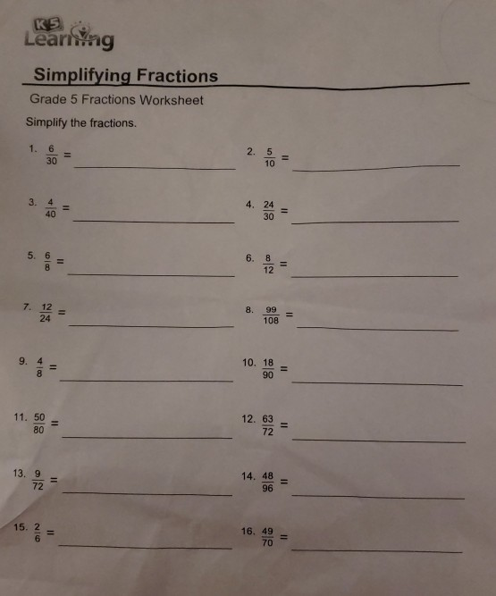 Solved K 5 Learnig Simplifying Fractions Grade 5 Fractions Chegg