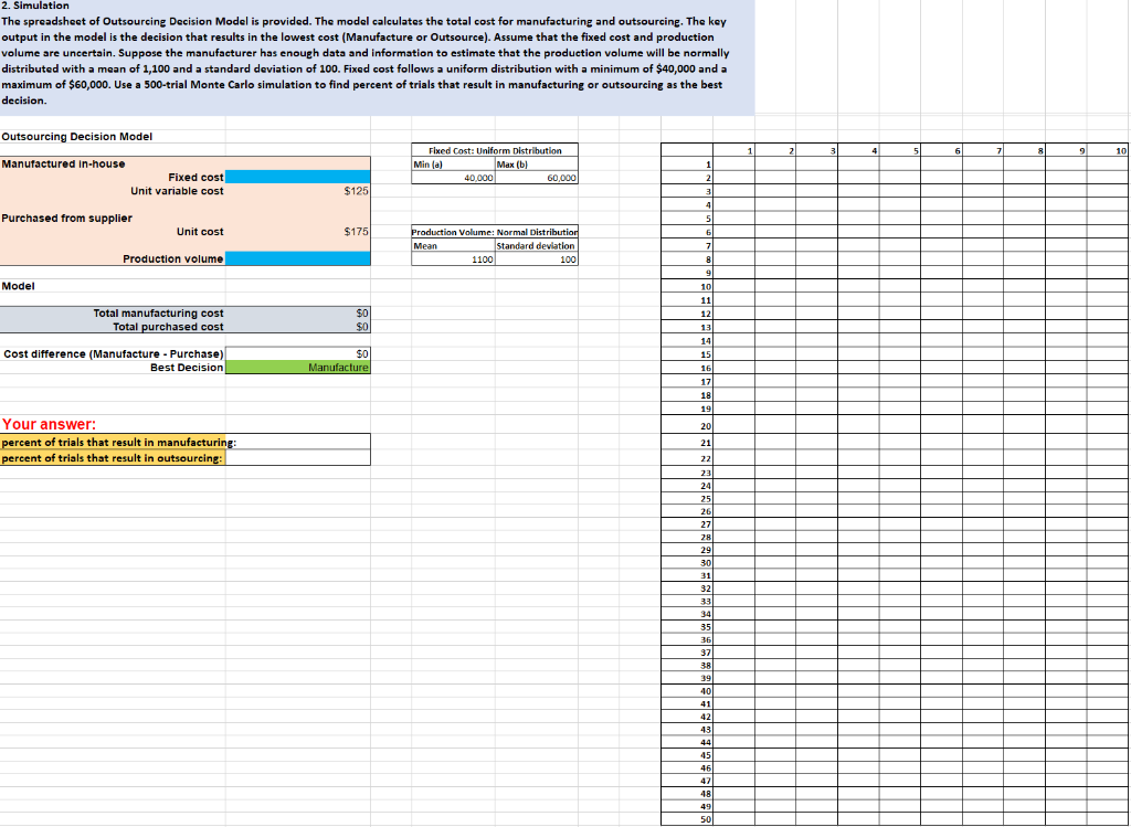 2. Simulation The spreadsheet of Outsourcing Decision | Chegg.com