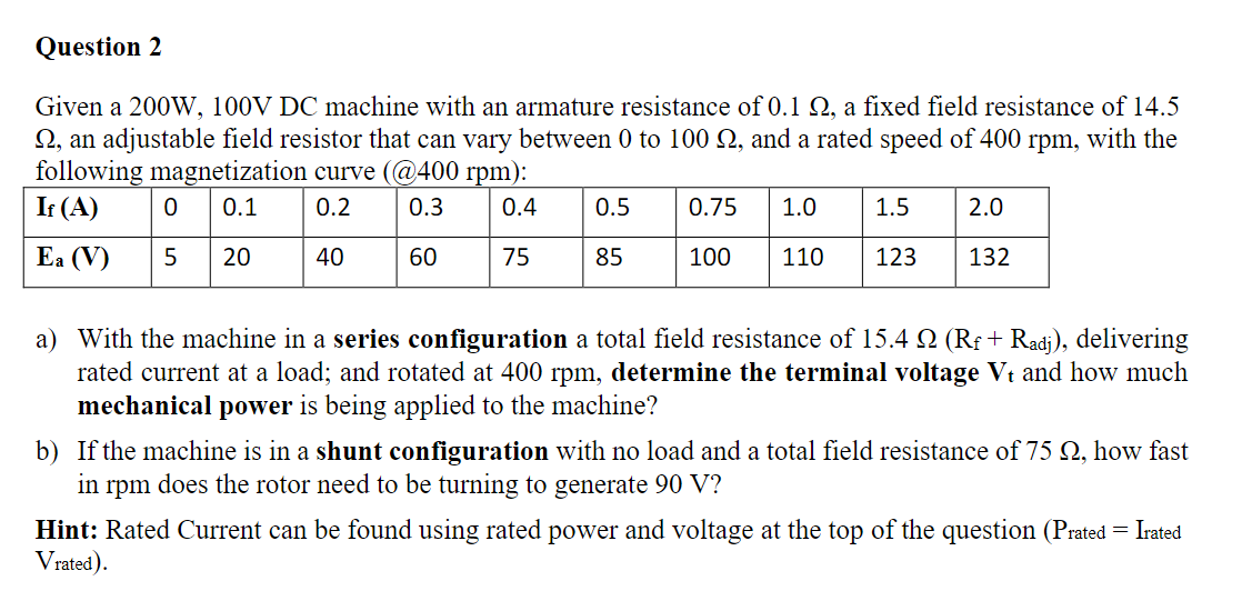 Solved Given a 200 W,100 V DC machine with an armature | Chegg.com