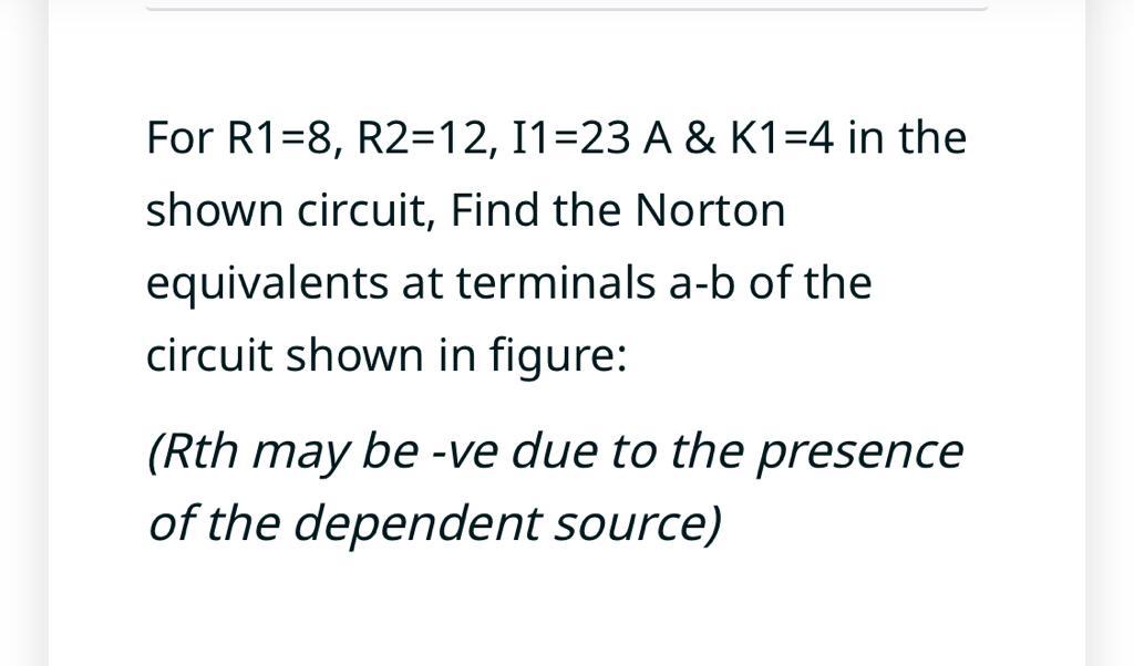 Solved For R1=8,R2=12,I1=23 A& K1=4 in the shown circuit, | Chegg.com
