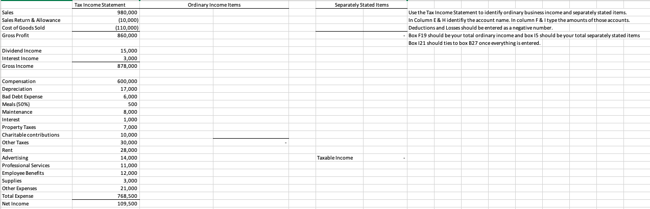 Use the Tax Income Statement to identify ordinary | Chegg.com