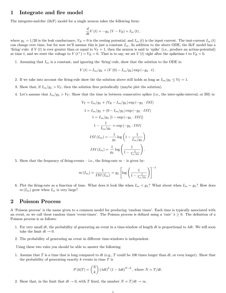1 Integrate and fire model The integrate-and-fire | Chegg.com