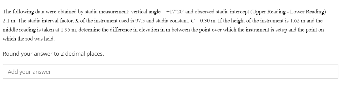 Solved The following data were obtained by stadia | Chegg.com