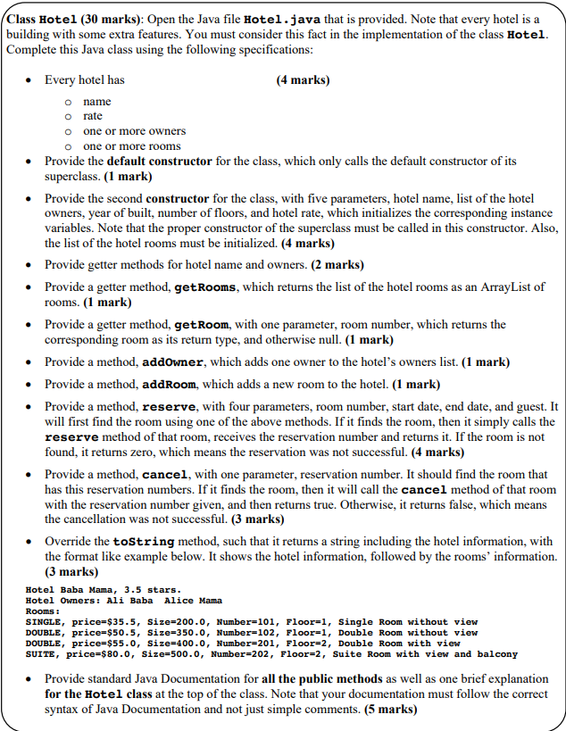 Solved Class Hotel (30 marks): Open the Java file Hotel.java | Chegg.com