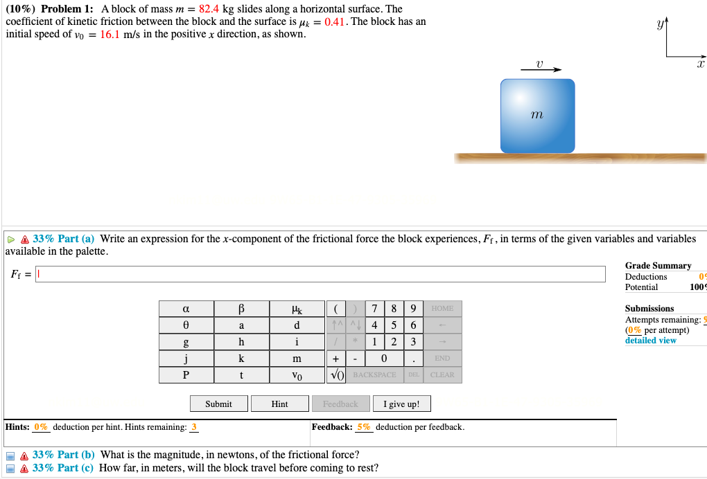Solved (10\%) Problem 1: A block of mass m=82.4 kg slides | Chegg.com